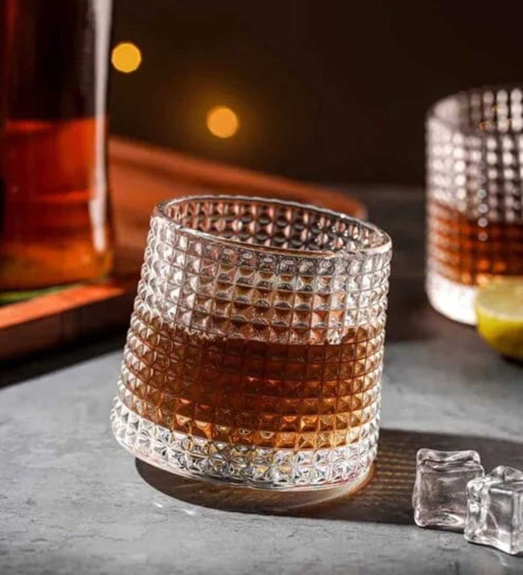 Car-O-Bar Tipsy Whiskey Glass | Fluted Check Design Rotating Heavy Bas